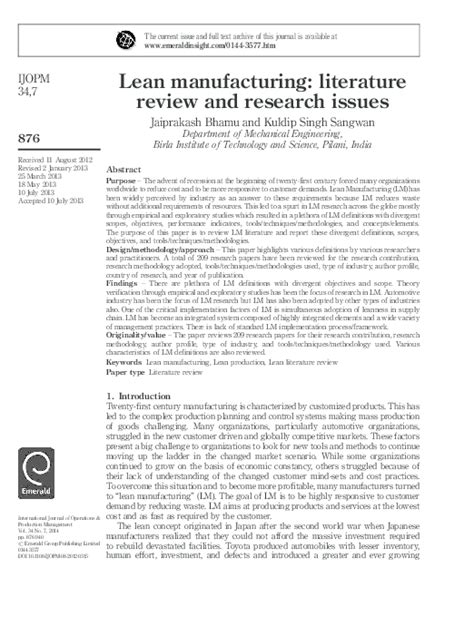 Pdf Lean Manufacturing Literature Review And Research Issues