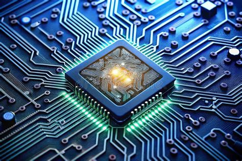 Close Up Of Illuminated Central Processing Unit On Circuit Board Stock Illustration