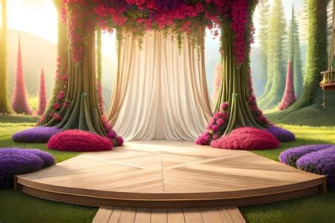 Premium Ai Image A Stage With Flowers And A Tree With A Bench On It
