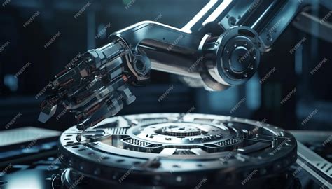 Premium Ai Image Futuristic Robotic Arm In Metallic Factory Workshop Generated By Ai