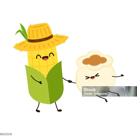 옥수수와 팝콘 만화 벡터 마스코트 만화 팝콘을 들고 있는 옥수수의 삽화 캐릭터 디자인 0명에 대한 스톡 벡터 아트 및 기타 이미지 Istock