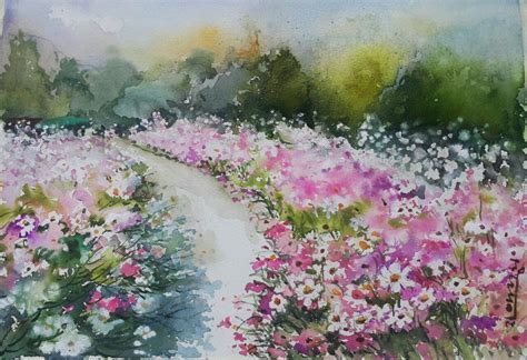 더 늦기전 꿈속이라도 그대와걷고싶소 수채화 아르쉬황목 수채4호 자연 사진 자연 그림 그린 꽃