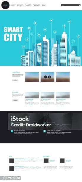 스마트 시티 헤더 디자인의 플랫 일러스트와 함께 한 페이지 웹 사이트 서식 파일 Html에 대한 스톡 벡터 아트 및 기타 이미지 Html 개념 거리 Istock