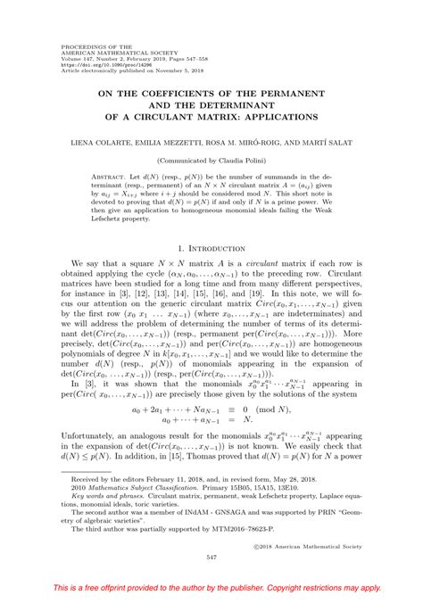 Pdf On The Coefficients Of The Permanent And The Determinant Of A Circulant Matrix Applications