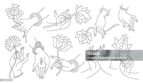 윤곽선 손과 꽃 세트입니다 부처님의 손 몸짓 종교적 불교 상징 간단한 선 그림 부처 불교에 대한 스톡 벡터 아트 및 기타 이미지