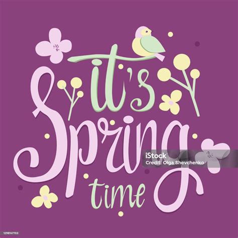 귀여운 엽서 로고 초대장 명함을 위해 부르고뉴 배경에 고립 된 파스텔 색상의 꽃과 귀여운 새가있는 봄 인사말 카드 봄 시간 레터링 0명에 대한 스톡 벡터 아트 및 기타