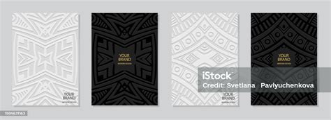 표지 세트 세로 템플릿 예술적인 3d 패턴이 있는 양각된 기하학적 흰색과 검은색 배경 모음입니다 부족 색 동양 아시아 인도