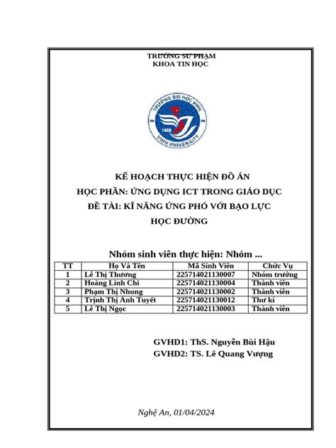 KẾ HoẠch HỰc HiỆn ĐỒ Án Ứng DỤng Ict Pdf