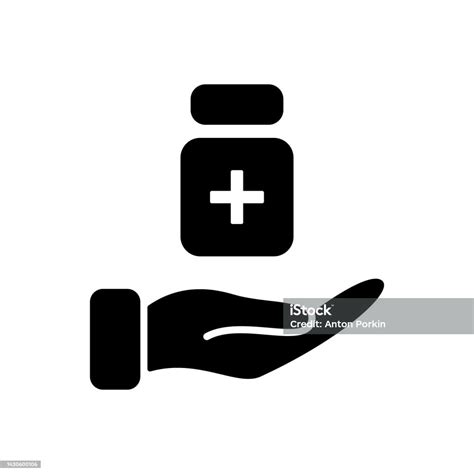 의료 기부 실루엣 아이콘 궁핍한 가난한 노숙자 및 병자를 위한 인도주의적 원조 핸드 블랙 아이콘과 의료 용품 자선 및 기부 개념 벡터 일러스트 레이 션 Charitable