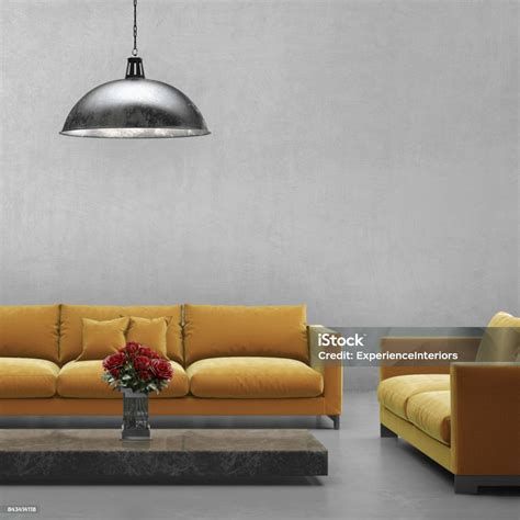 빈 회색 벽인테리어 복사 공간 템플릿 앞 현대 노란 파스텔 소파 0명에 대한 스톡 사진 및 기타 이미지 0명 가구 가정의