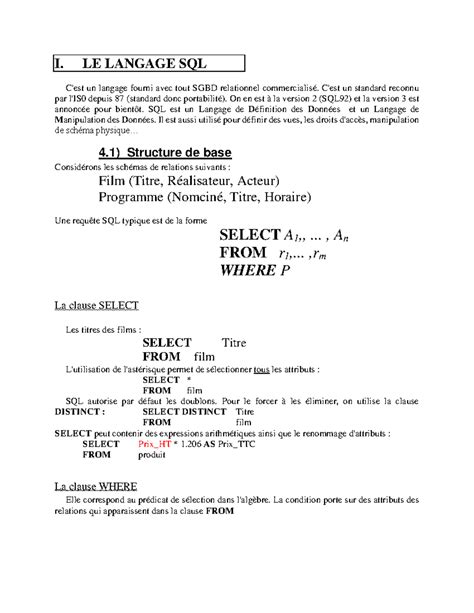 Sql Lecture Notes I Le Langage Sql Cest Un Langage Fourni Avec