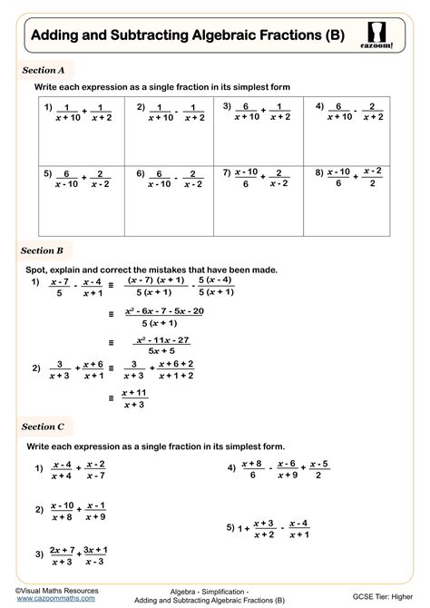Add And Subtract Algebraic Fractions B Worksheet Fun And Engaging