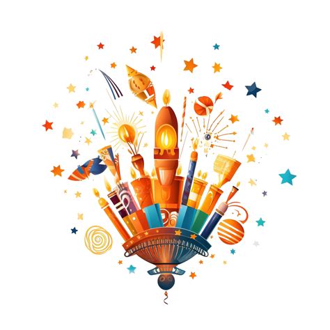 Illustration Of Happy Diwali Burning Diya Flying Rockets Fireworks