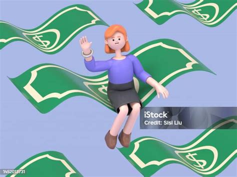 웃고 있는 유럽 사업가 엘렌이 지폐를 사용하여 비행하는 3d 그림3d 파란색 배경에 렌더링 개념에 대한 스톡 사진 및 기타 이미지 Istock