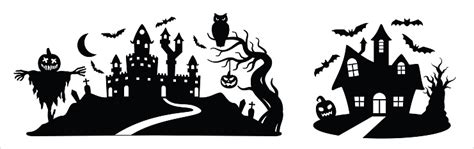 할로윈 유령의 집 장면 실루엣입니다 나무 허수아비 박쥐가 있는 으스스하고 무섭고 유령이 있는 집 장면 벡터 일러스트 레이 션 디자인 템플릿 스텐실 벽 장식 문 장식 스티커