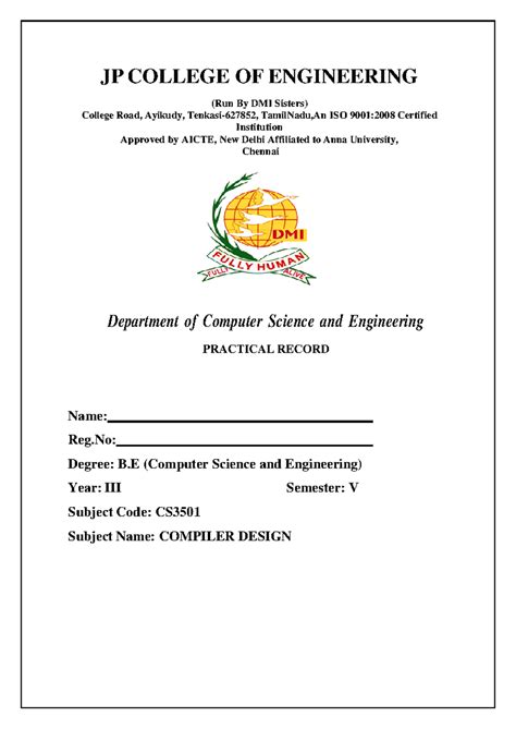 Compiler Design Lab Manual Jp College Of Engineering Run By Dmi Sisters College Road