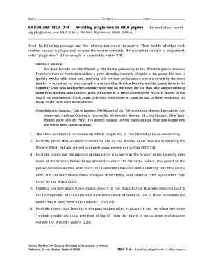 Fillable Online Name Section Date EXERCISE MLA Avoiding Plagiarism In MLA Papers To Read