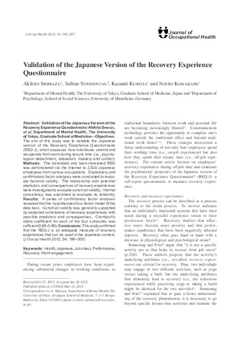 Pdf Validation Of The Japanese Version Of The Recovery Experience