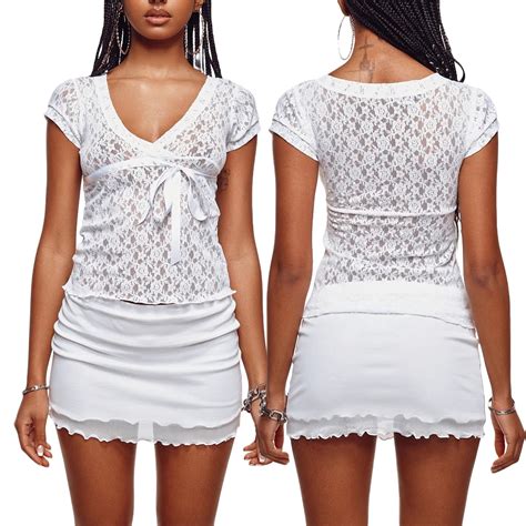 Biekopu Women Short Sleeve Summer V Neck Floral Lace See Through Crop