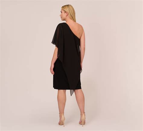 Plus Size One Shoulder Dress With Chiffon Cape In Black Adrianna Papell