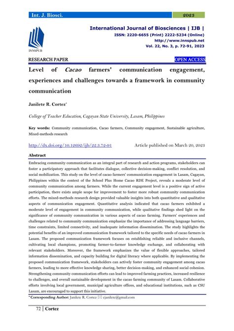 Level Of Cacao Farmers Communication Engagement Experiences And Challenges Towards A Framework