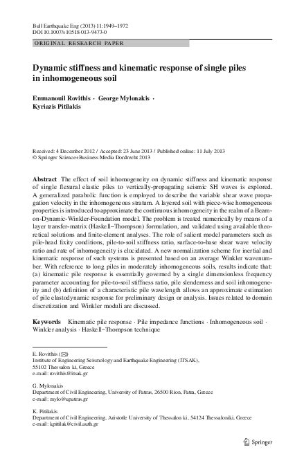 Pdf Dynamic Stiffness And Kinematic Response Of Single Piles In
