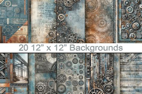 Vintage Blueprint And Rust Paper Pack 20 Sheets 12x12 Digital