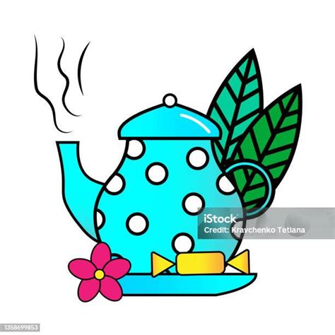 귀여운 주전자 파란색 점선 아이콘입니다 만화 스타일 시간을 휴식 창조적 인 예술 핸드 디자인 벡터 그림입니다 스톡 이미지 귀여운에 대한 스톡 벡터 아트 및 기타 이미지