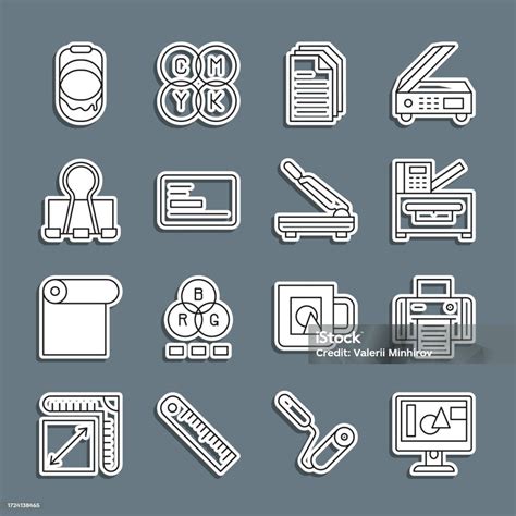 라인 컴퓨터 모니터 화면 프린터 복사기 파일 문서 명함 바인더 클립 페인트 통 및 종이 커터 아이콘을 설정합니다 벡터 0명에