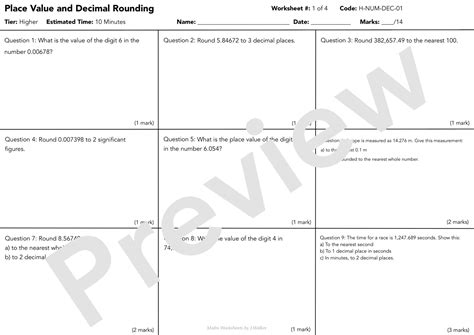 Gcse Maths Worksheet Place Value And Decimal Rounding Higher Tier Teaching Resources