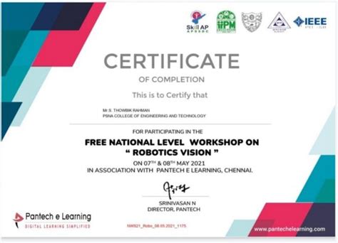S Thowbik Rahman On Linkedin National Level Workshop On Robotics Vision
