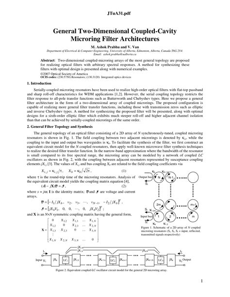 Pdf General Two Dimensional Coupled Cavity Microring Filter Architectures