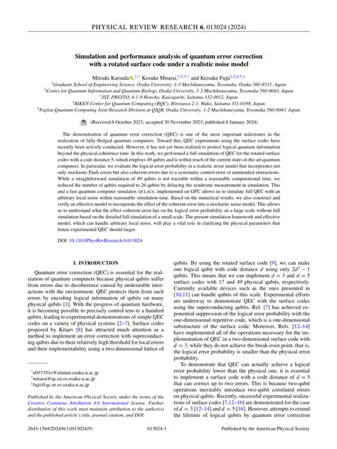 PDF Simulation And Performance Analysis Of Quantum Error Correction With A Rotated Surface