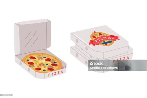 골판지 상자에 담긴 식욕을 돋우는 이탈리안 피자는 살라미 소시지와 버섯 벡터 세트를 얹은 둥근 뜨거운 반죽으로 제공됩니다 피자 상자에 대한 스톡 벡터 아트 및 기타 이미지