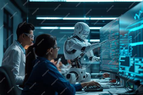 premium photo robot coding and collaboration with human programmers
