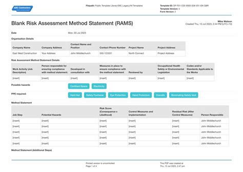 Risk Assessment Method Statement Rams Template Get It Free