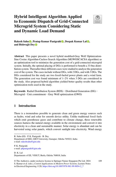 Pdf Hybrid Intelligent Algorithm Applied To Economic Dispatch Of Grid Connected Microgrid