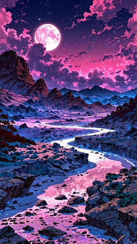 A Glowing Full Moon Over A Serene Night Landscape With Pink Clouds A