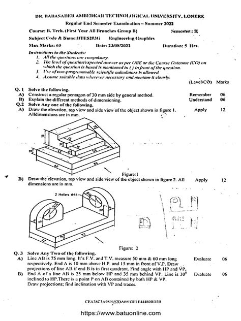 btech 1 year engineering graphics btes203g aug 2022 pdf