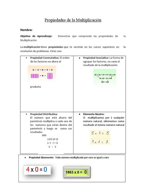 Propiedades De La Multiplicación Pdf Multiplicación Número Natural