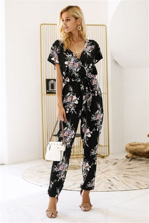 Vintage Floral Print Boho V Neck Short Sleeve Loose Sash Jumpsuit Floral Print