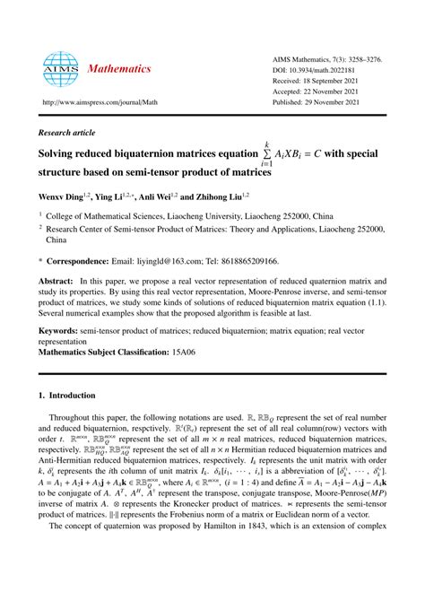 Pdf Solving Reduced Biquaternion Matrices Equation Sum Limits {i 1} {k}a Ixb I C With