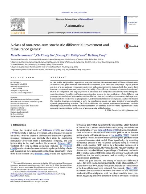 Pdf A Class Of Non Zero Sum Stochastic Differential Investment And Reinsurance Games