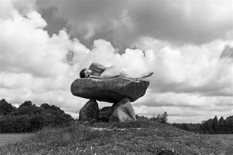 Nude Woman Posing On A Large Stone On A Hilltop Stock Image Image Of