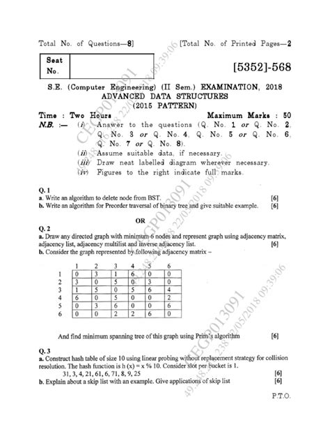 Advanced Data Structures Examination Document Covering Exam Details