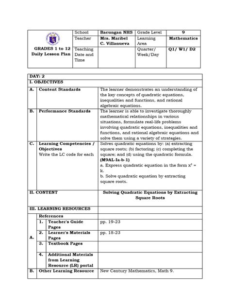 math 9 q1 w1 d2 pdf equations quadratic equation