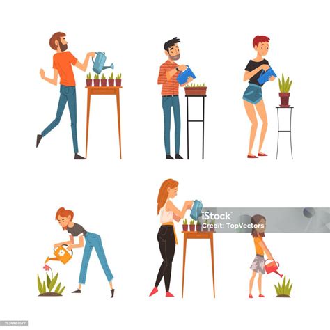 남자와 여자는 물을 주는 식물과 꽃에 물을 줄 수 있다 벡터 세트 개념에 대한 스톡 벡터 아트 및 기타 이미지 개념 꽃