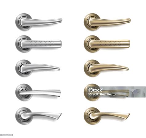 3d 현실적인 벡터 아이콘 세트입니다 금색과 은색 문 손잡이의 컬렉션은 다른 모양으로 정면보기에 있습니다 흰색 배경에 있습니다 문손잡이에 대한 스톡 벡터 아트 및 기타