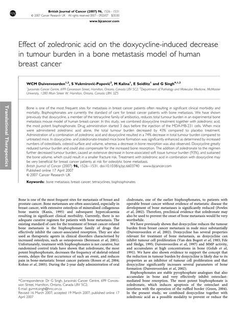 Pdf Effect Of Zoledronic Acid On The Doxycycline Induced Decrease In Tumour Burden In A Bone