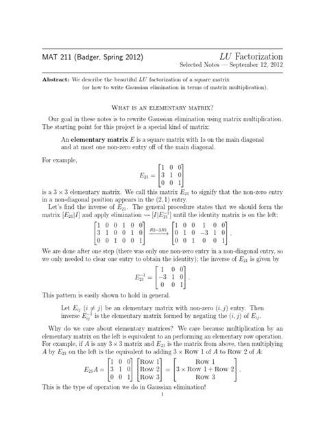 mat 211 badger spring 2012 lu factorization pdf matrix